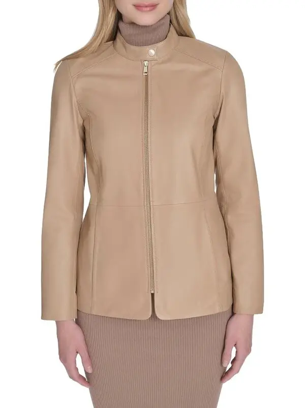 Cole Haan Leather Biker Jacket - Sesame