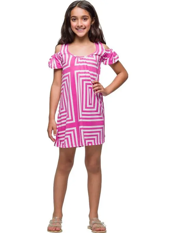 24SEVENKID Printed Cold Shoulder A-line Dress - Pink Multi