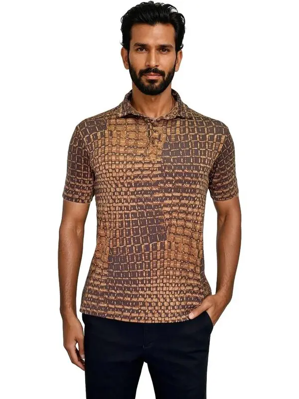24SEVENMEN Wrinkle Resistant 3 Button Alligator Print Polo Shirt - Brown Multi