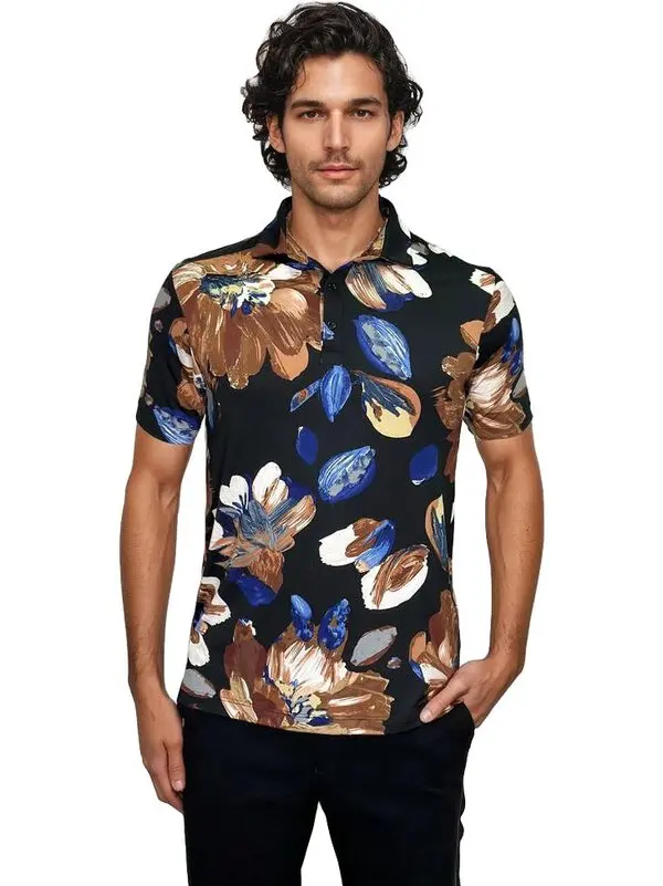 24SEVENMEN Wrinkle Resistant 3 Button Brown Floral Polo Shirt - Blue Multi