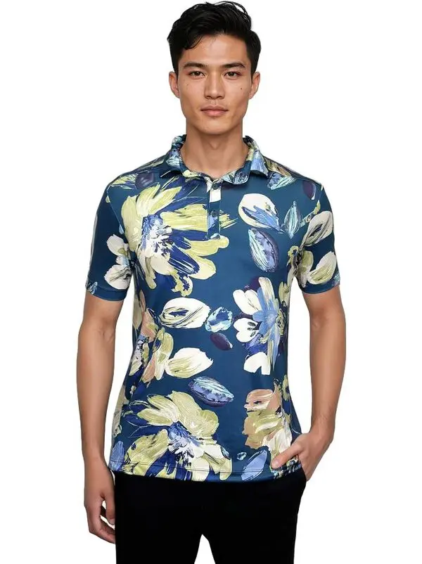 24SEVENMEN Wrinkle Resistant 3 Button Blue Floral Polo Shirt - Blue Multi