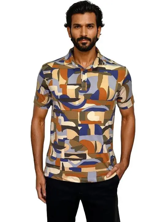 24SEVENMEN Wrinkle Resistant 3 Button Desert Sand Polo Shirt - Orange Multi