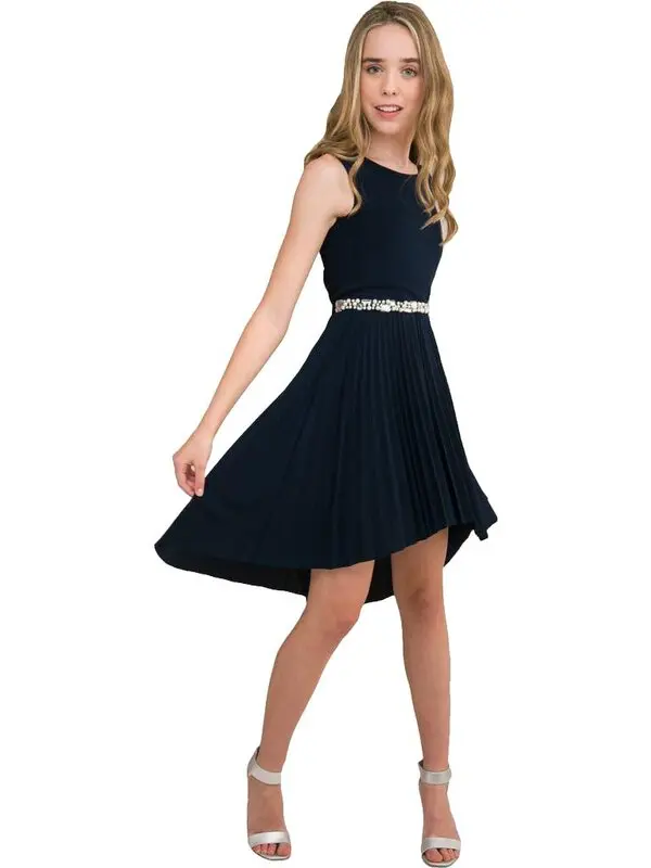 UN DEUX TROIS Pleated High-low Dress With Belt - Navy