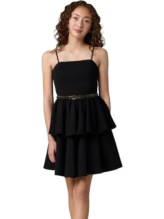UN DEUX TROIS Tiered Dress With Rhinestone Belt - Black