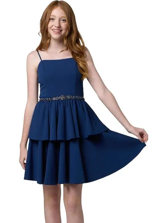 UN DEUX TROIS Tiered Dress With Rhinestone Belt - Navy