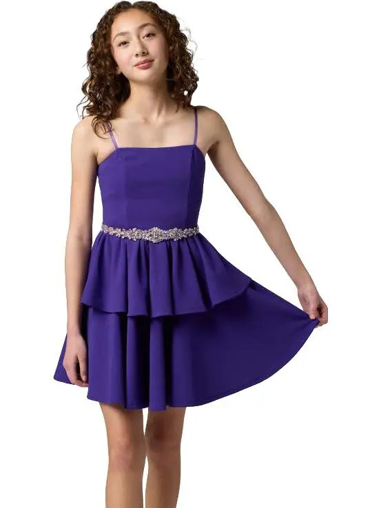 UN DEUX TROIS Tiered Dress With Rhinestone Belt - Purple