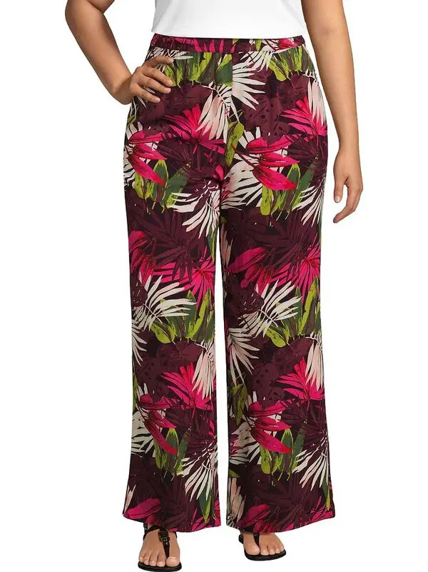 LANDS' END Rayon High-rise Wide-leg Pants - Rich Burgundy Tropical Palm