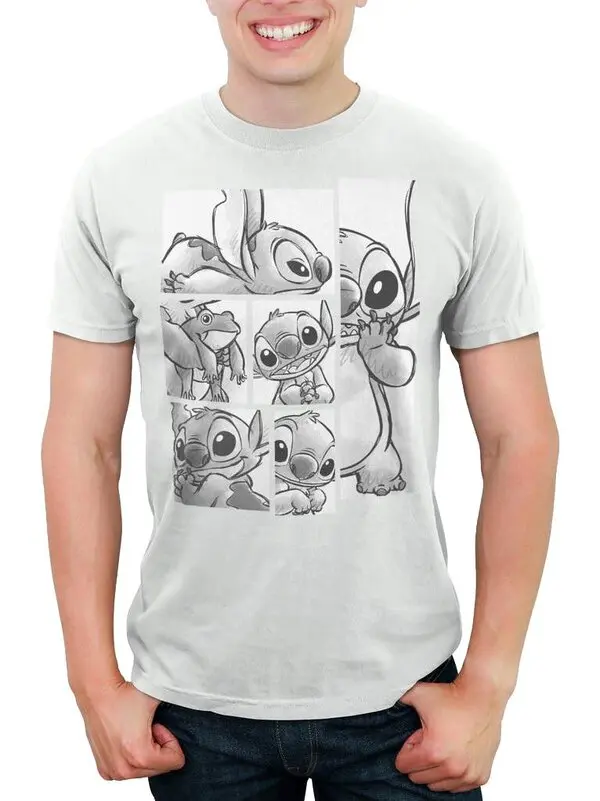 LILO & STITCH Grayscale Sketches Of Stitch Graphic T-shirt - White