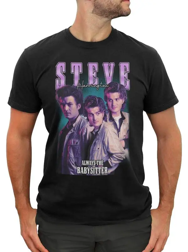 STRANGER THINGS Netflix Steve Harrington Collage Short Sleeve Graphic T-shirt - Black
