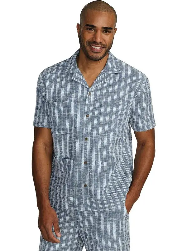 LANDS' END Short Sleeve Textured Jacquard Camp Collar Shirtset Top - Serene Blue Stripe