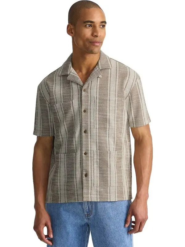 LANDS' END Short Sleeve Textured Jacquard Camp Collar Shirtset Top - Toasted Rye Stripe
