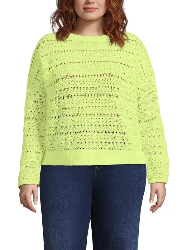 LANDS' END Cotton Blend Pointelle Crew Neck Sweater - Soft Limoncello Yellow