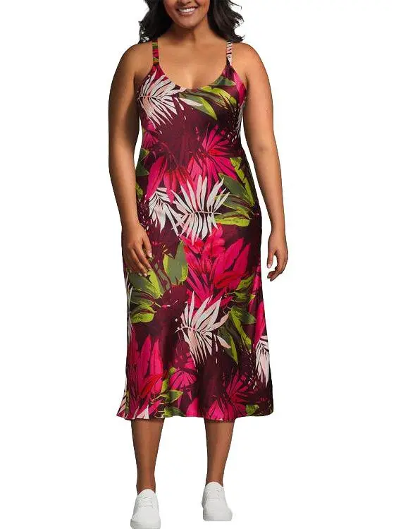 LANDS' END Satin Slip Midi Dress - Rich Burgundy Tropical Palm