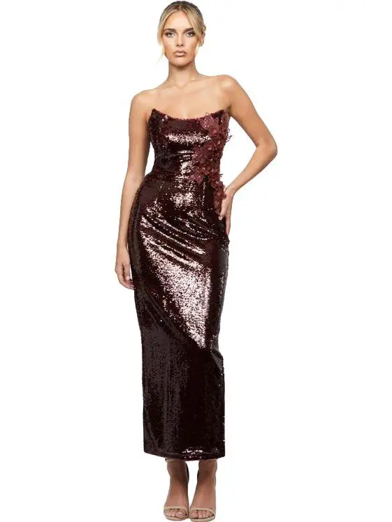 BARIANO Edith Strapless Midaxi Dress - Maroon Red