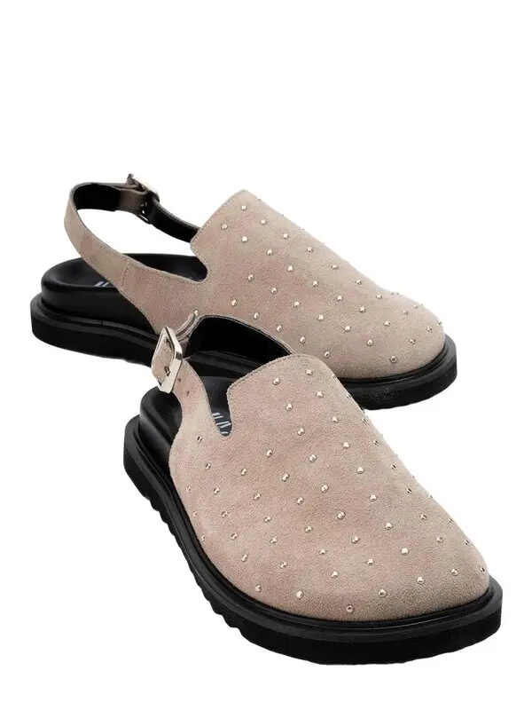 FOREVER & ALWAYS SHOES Leather Studded Clogs - Beige Suede Leather