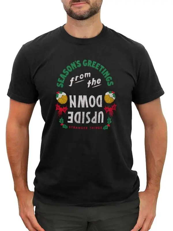 STRANGER THINGS Netflix Christmas Season's Greetings Short Sleeve Graphic T-shirt - Black