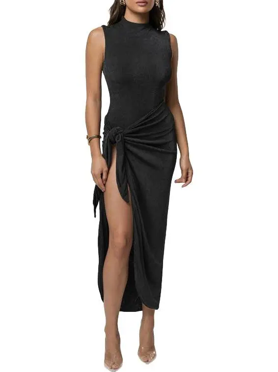 JLUXLABEL Body-con Midi Dress With Tie Front - Black