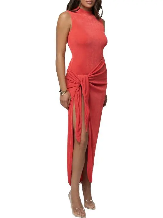 JLUXLABEL Body-con Midi Dress With Tie Front - Orange