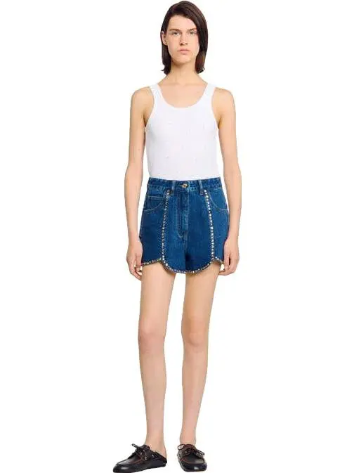 Sandro Rhinestone Denim Tulip Hem Shorts - Blue Jean