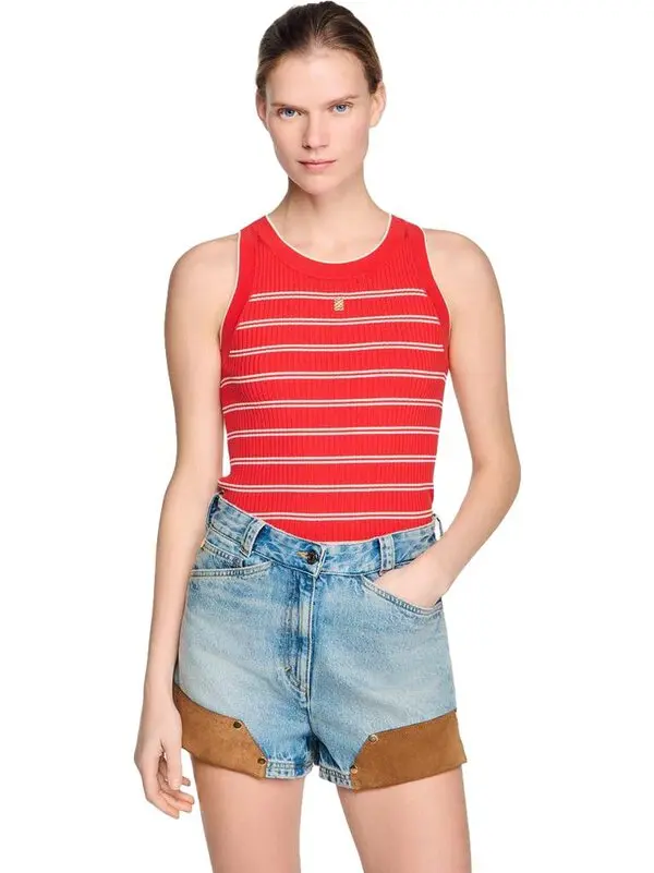 Sandro Striped Ribbed Knit Vest Top - Red