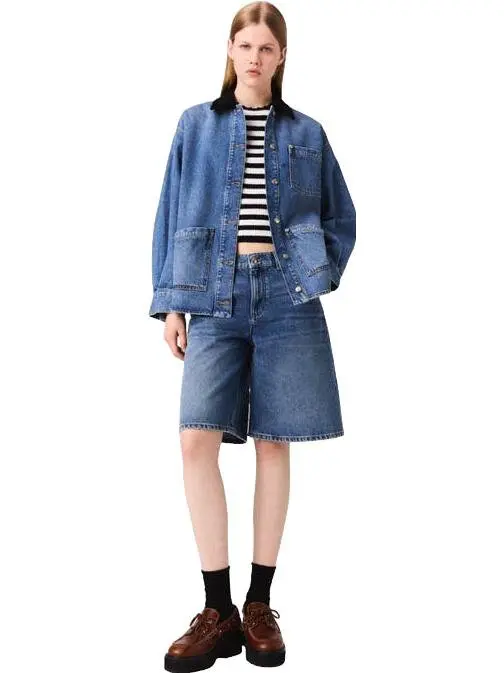 Maje Faded Denim Jacket With Corduroy Collar - Blue