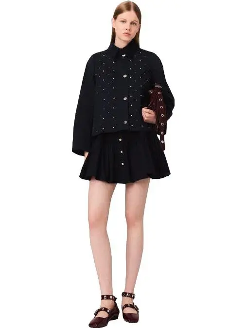 Maje Studded Flared Jacket With Corduroy Collar - Navy