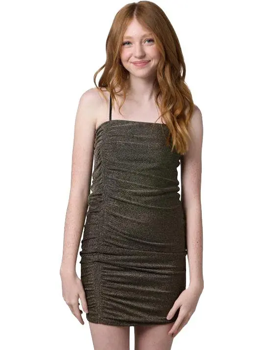 UN DEUX TROIS Ruched Sleeveless Glitter Dress - Gold
