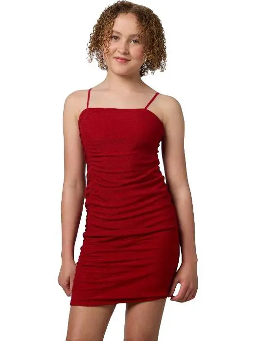 UN DEUX TROIS Ruched Sleeveless Glitter Dress - Red