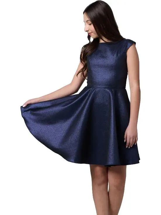 UN DEUX TROIS Cap Sleeve Boatneck Fit And Flare Dress - Navy