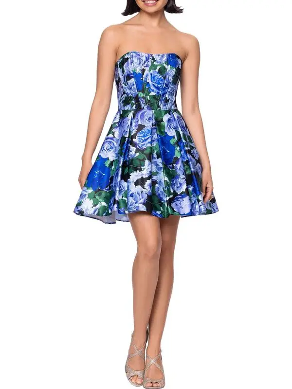 BLONDIE NITES Floral Print Fit-and-flare Minidress - Blue Multi
