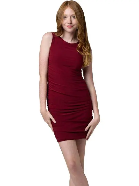 UN DEUX TROIS Ruched Fitted Tank Dress - Burgundy