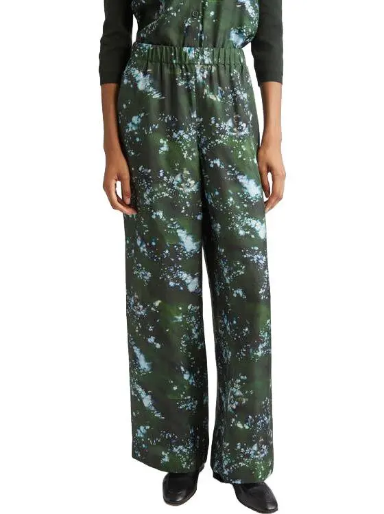 Lafayette 148 New York Splattered Glaze Print Silk Twill Wide Leg Pants - Moss Multi