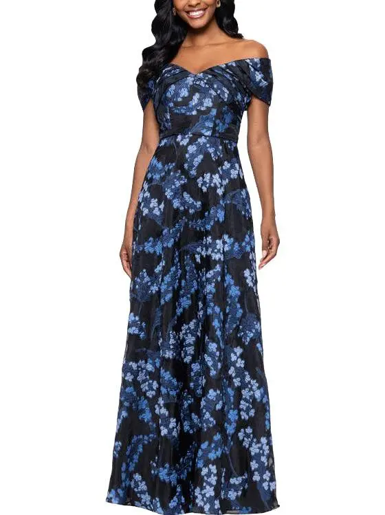 Betsy & Adam Embroidered Floral Off The Shoulder Gown - Blue/multi
