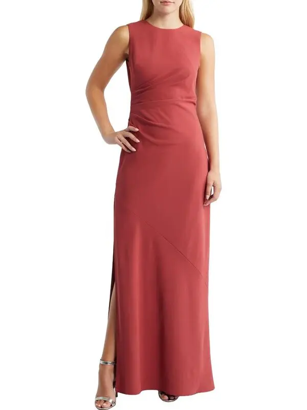 Amsale Taro Ruched Sleeveless Gown - Cayenne