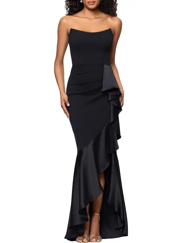 Betsy & Adam Satin Ruffle Detail Strapless Scuba Crepe Corset Gown - Black