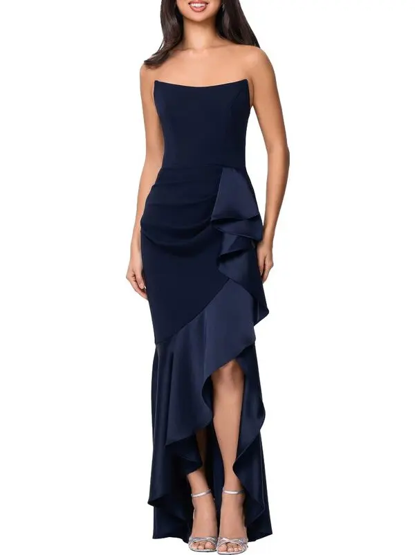 Betsy & Adam Satin Ruffle Detail Strapless Scuba Crepe Corset Gown - Navy