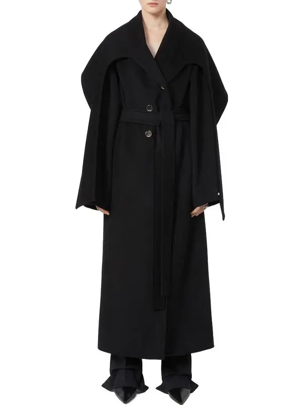 Sportmax Baldo Virgin Wool Belted Coat With Scarf - Black