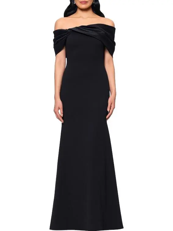 Betsy & Adam Off The Shoulder Crepe & Taffeta Sheath Gown - Black