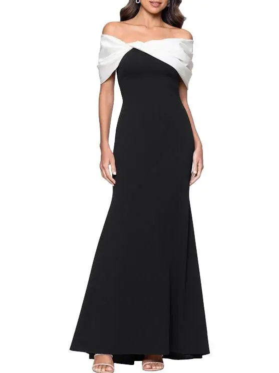 Betsy & Adam Off The Shoulder Crepe & Taffeta Sheath Gown - Black/white