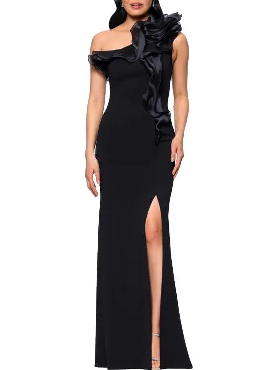 Betsy & Adam Organza Ruffle One-shoulder Scuba Crepe Gown - Black