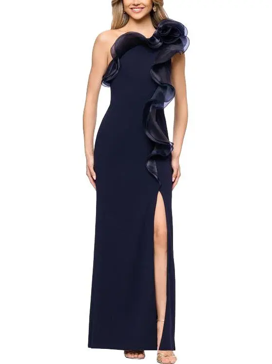 Betsy & Adam Organza Ruffle One-shoulder Scuba Crepe Gown - Navy/navy