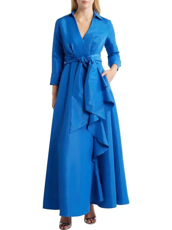 Betsy & Adam Long Sleeve Taffeta Gown - Ocean