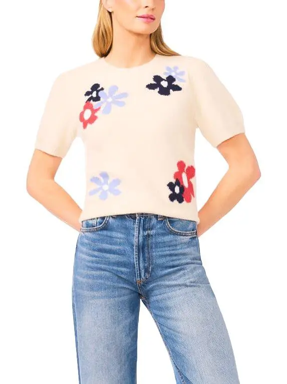 CECE DUPRAZ Floral Short Sleeve Sweater - Birch