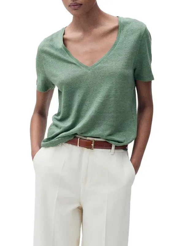 Mango V-neck Linen T-shirt - Green