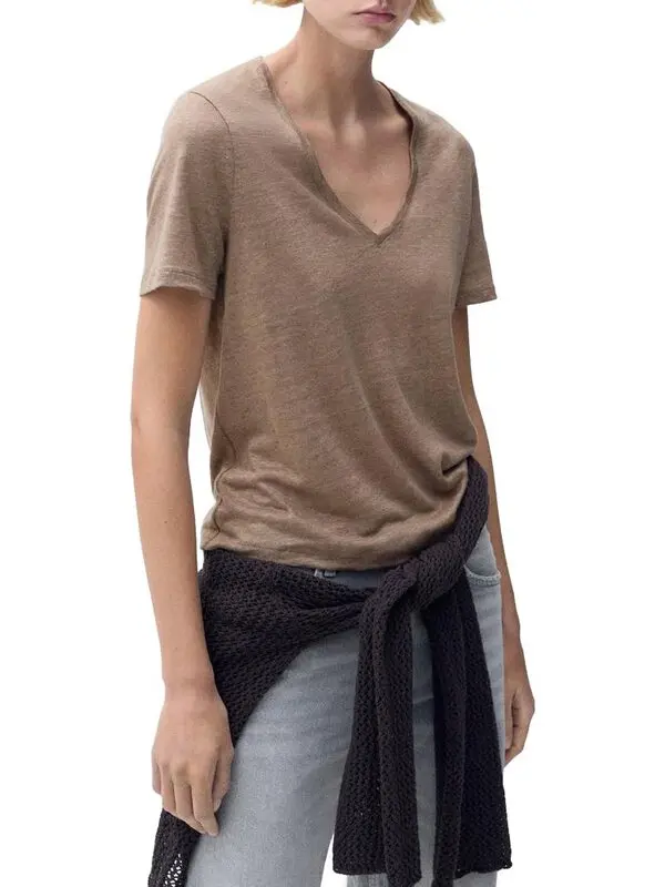 Mango V-neck Linen T-shirt - Light/pastel Brown