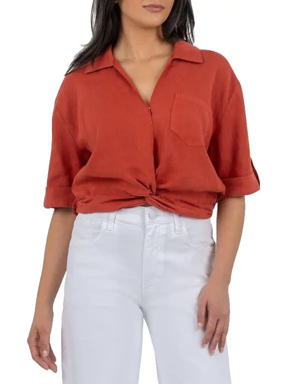 Kut From The Kloth Rebel Knot-front Linen-blend Top - Burnt Orange