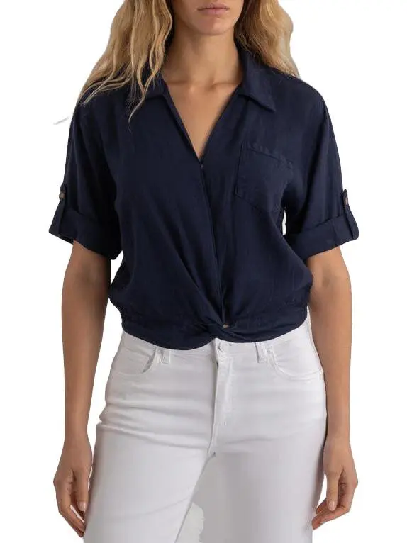 Kut From The Kloth Rebel Knot-front Linen-blend Top - Navy Jm