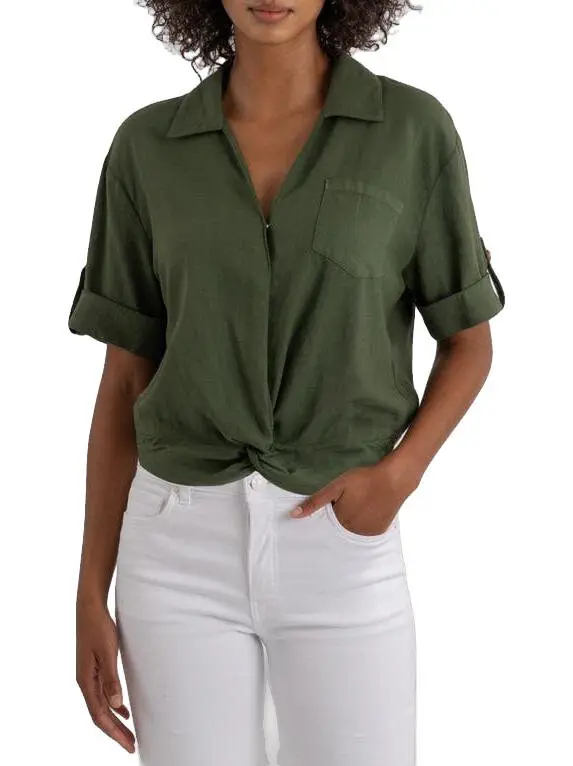 Kut From The Kloth Rebel Knot-front Linen-blend Top - Seaweed
