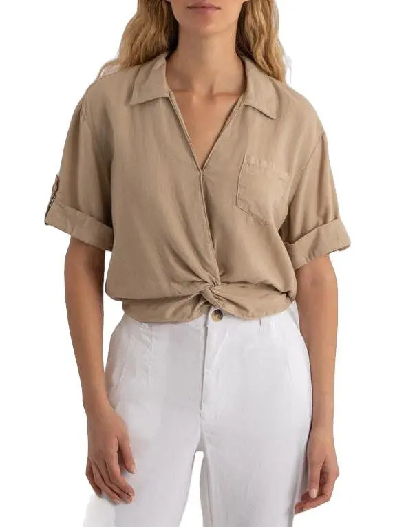 Kut From The Kloth Rebel Knot-front Linen-blend Top - Stone