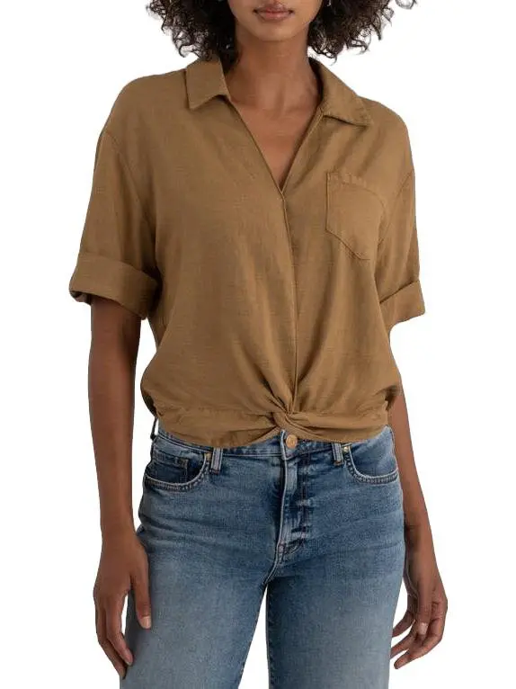 Kut From The Kloth Rebel Knot-front Linen-blend Top - Wood